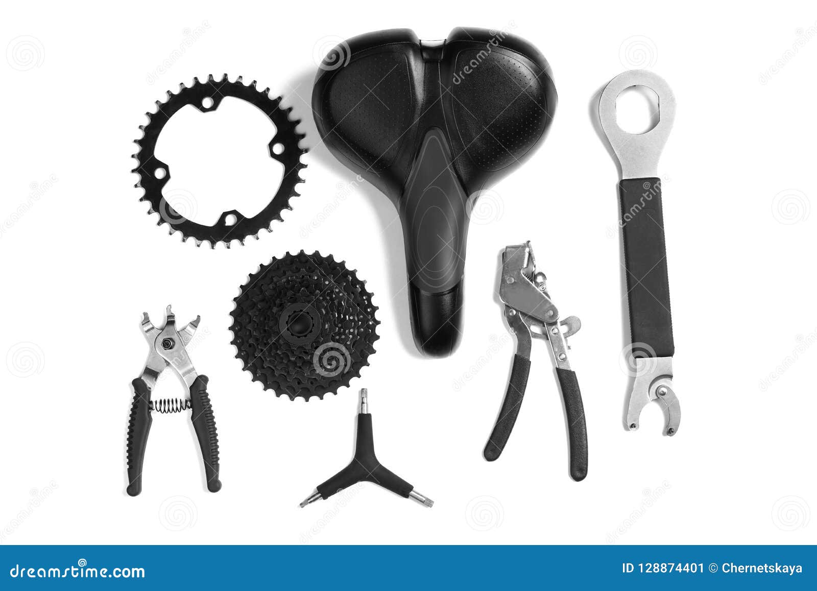 Set of Different Bicycle Tools and Parts on White Background Stock ...