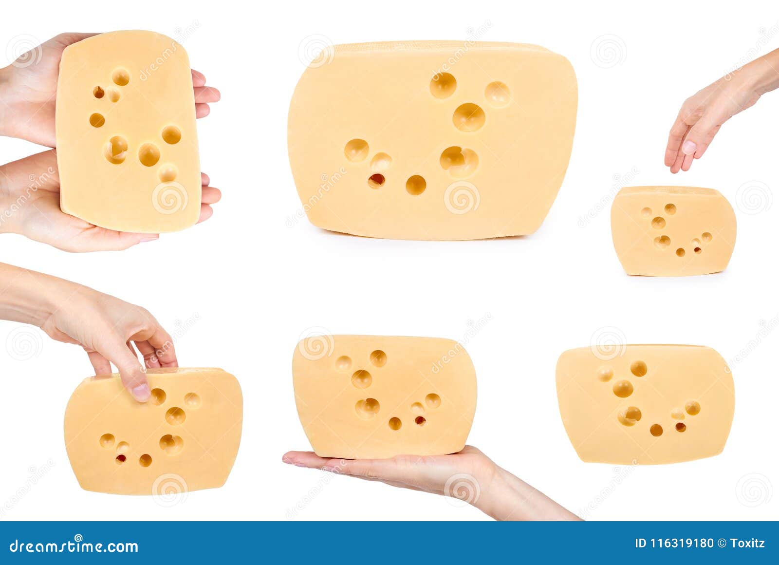 Set of Different Blocks of Cheese with Hand, Isolated on White ...