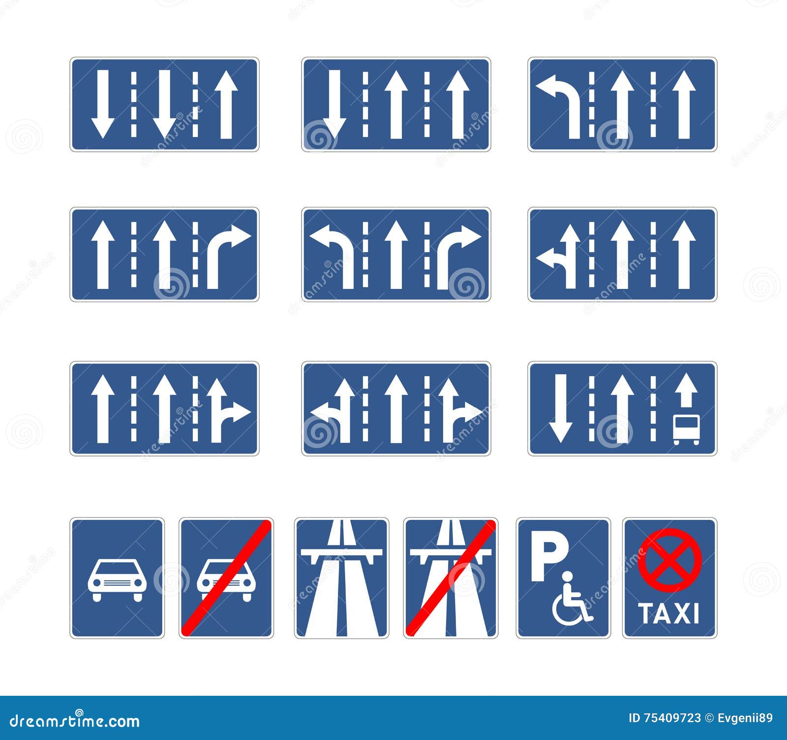 Set of Different Blue Road Signs on White Stock Illustration ...
