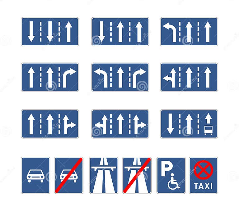 Set of Different Blue Road Signs on White Stock Illustration ...