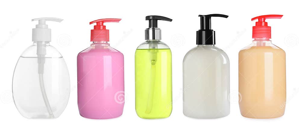 Set with Different Bottles of Liquid Soap on White Background. Banner ...