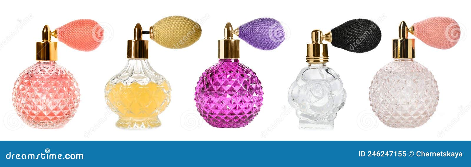 Set with Different Bottles of Luxury Perfume on White Background ...