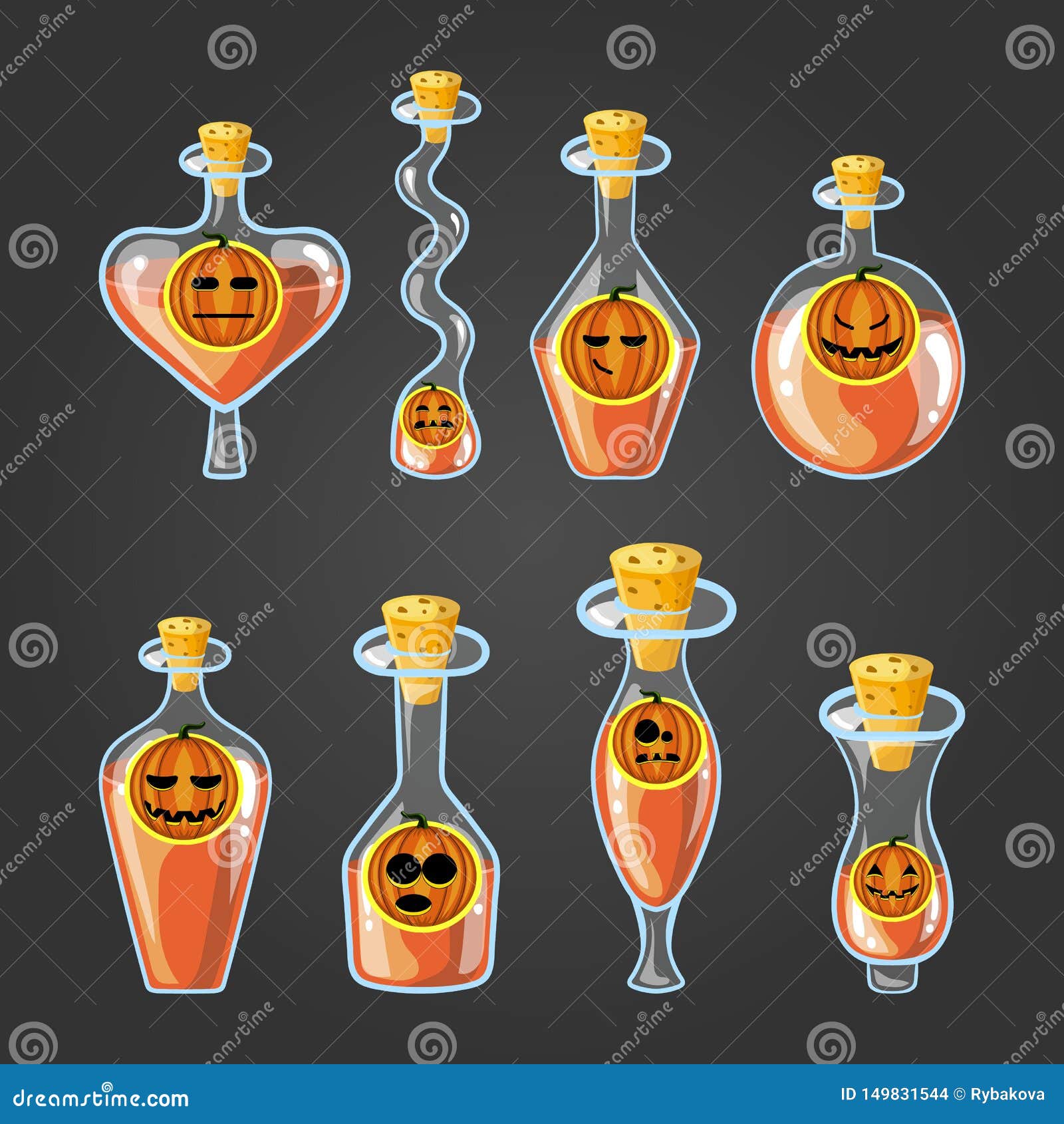 Set with Different Bottles of Pumpkin Potion Stock Vector ...