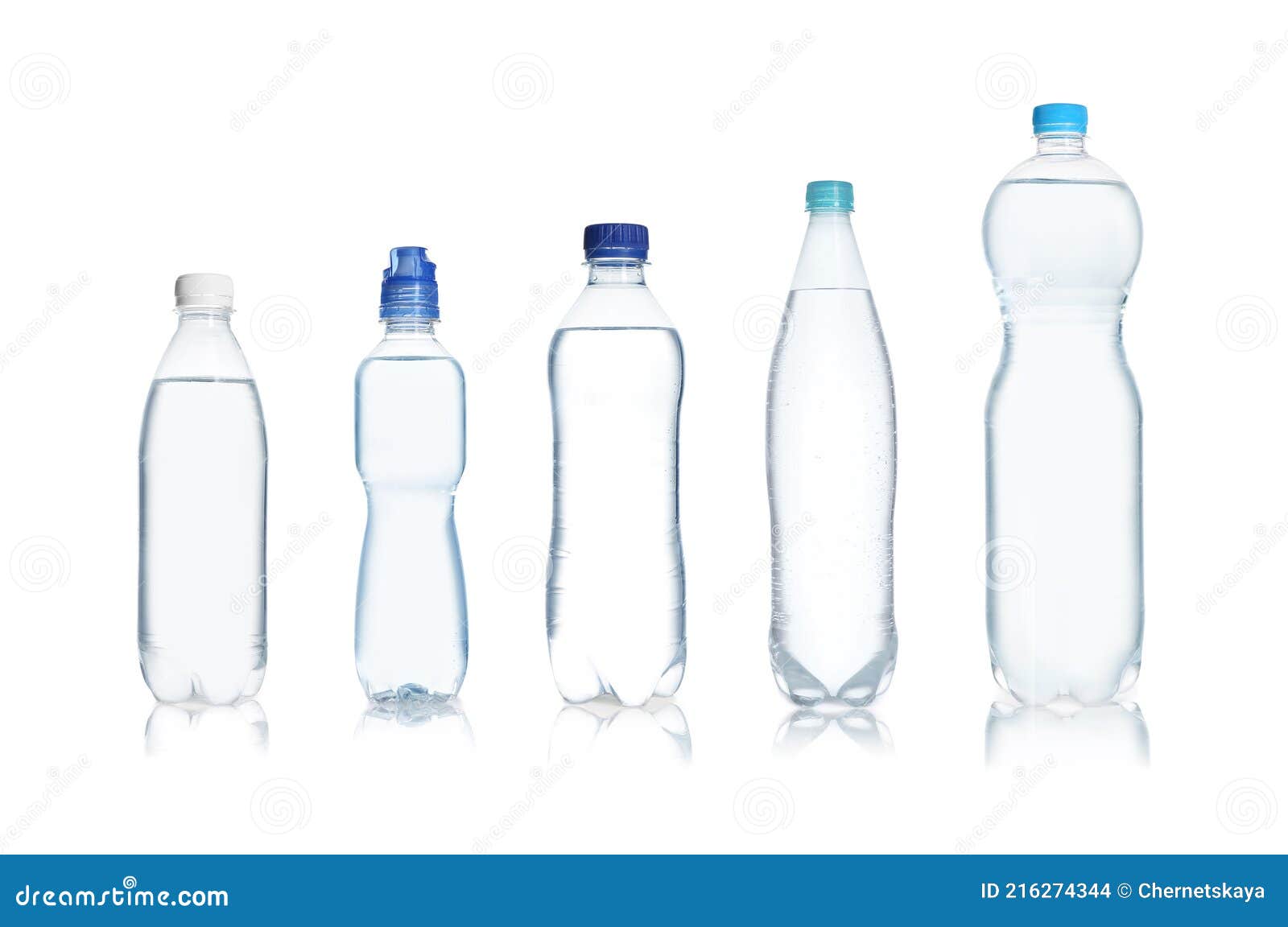 Set with Different Bottles of Pure Water on White Background Stock ...