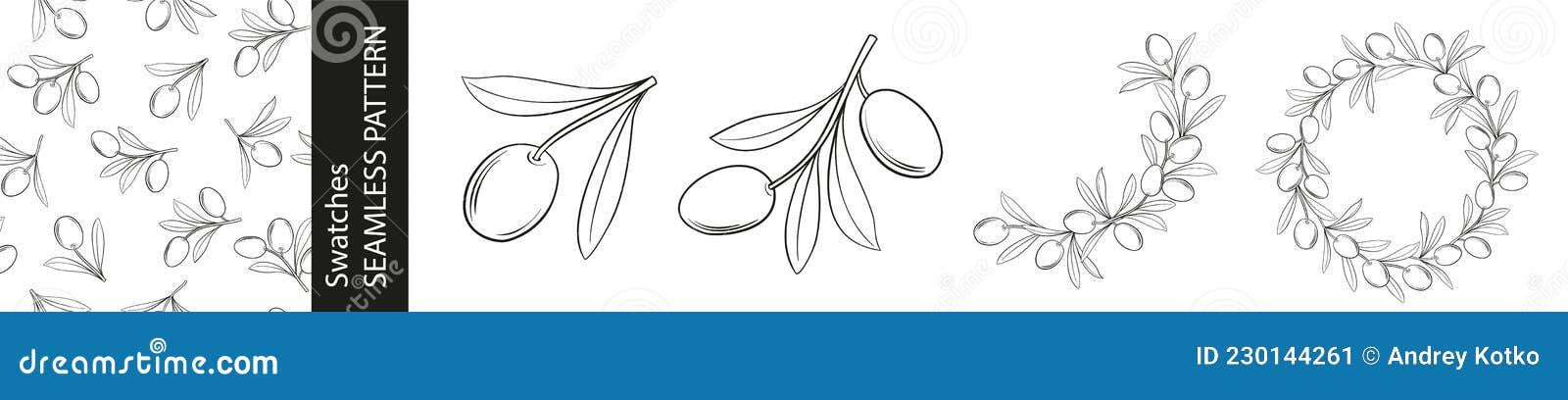 Set of Different Branches of Olives, Seamless Pattern and Circle Frame ...