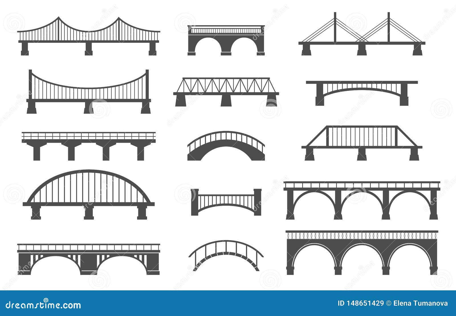Set Of Different Bridges. Isolated On White Background. Black And White ...