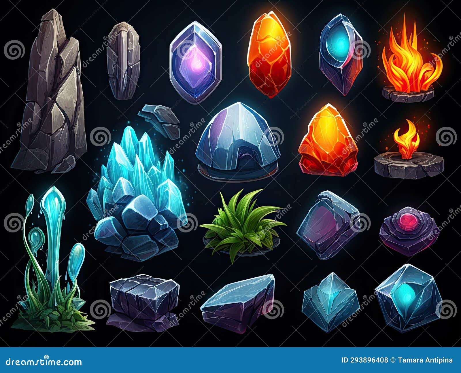 Set of Different Bright Fantasy Elements. Game Elements: Rocks, Glowing ...
