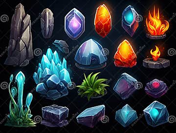 Set of Different Bright Fantasy Elements. Game Elements: Rocks, Glowing ...