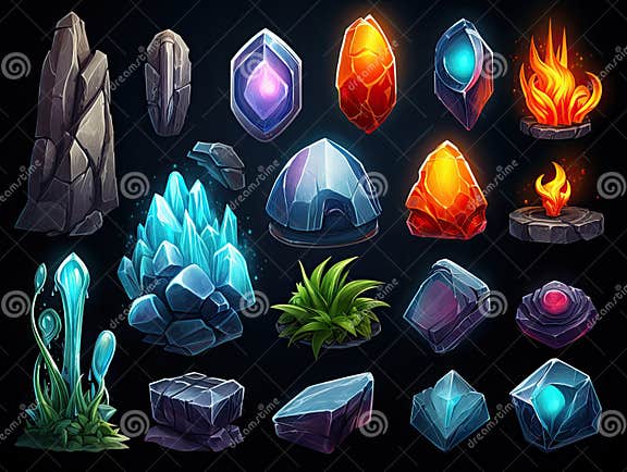 Set of Different Bright Fantasy Elements. Game Elements: Rocks, Glowing ...