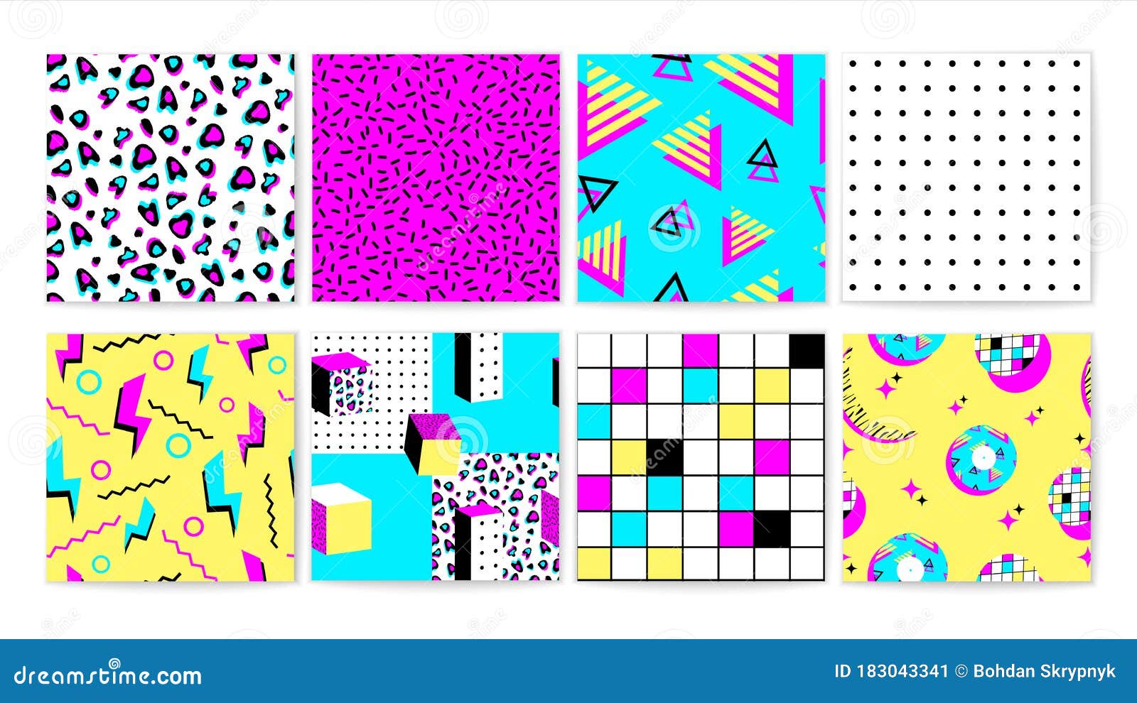 Set of Different Bright 90s Vibrant Seamless Pattern Vector Graphic ...