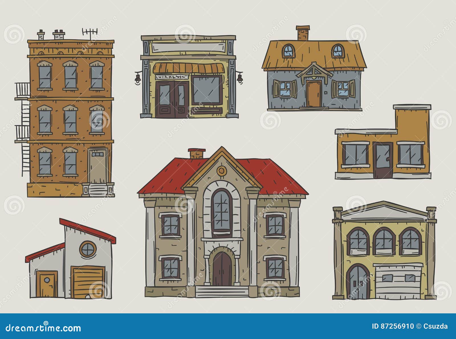 Set of Different Buildings Drawn in Sketchy Style Stock Vector ...
