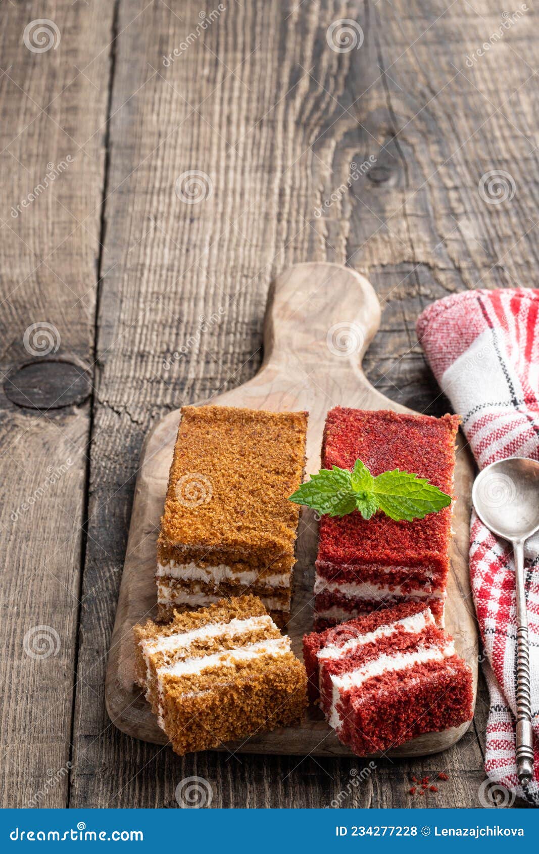 Set of Different Cake Slices on Wooden Table Stock Photo - Image of ...