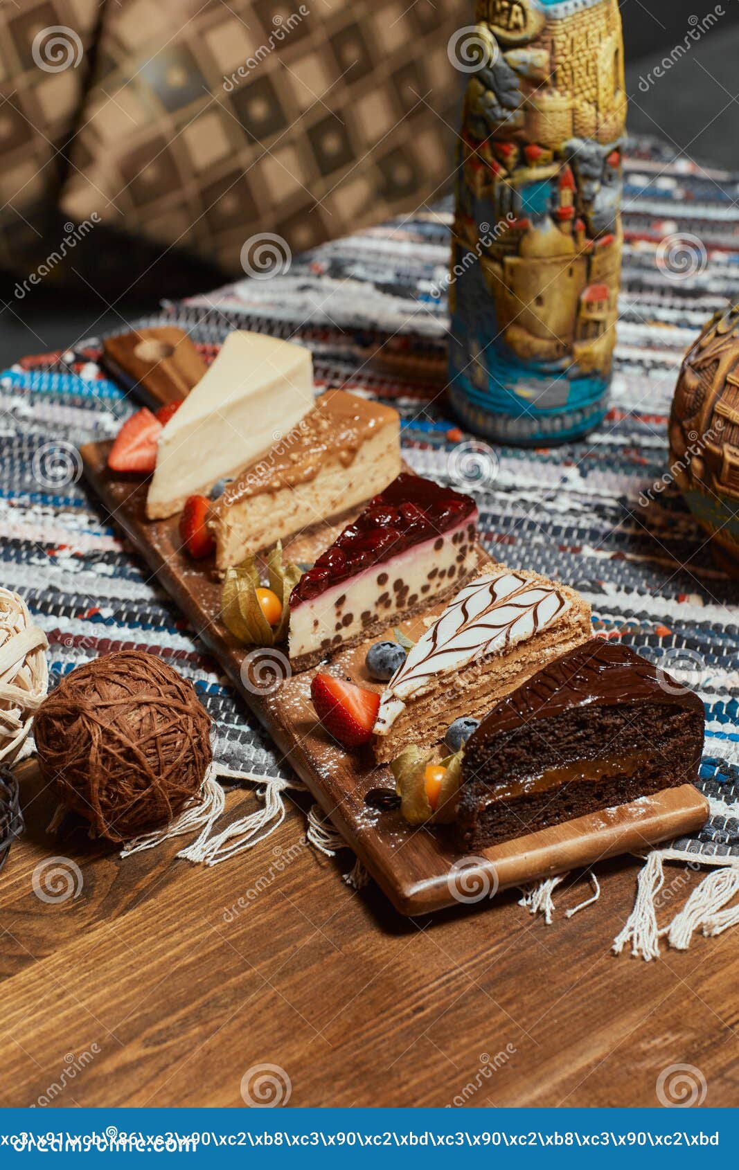Set of Different Cake Slices on Wooden Table. Stock Photo - Image of ...