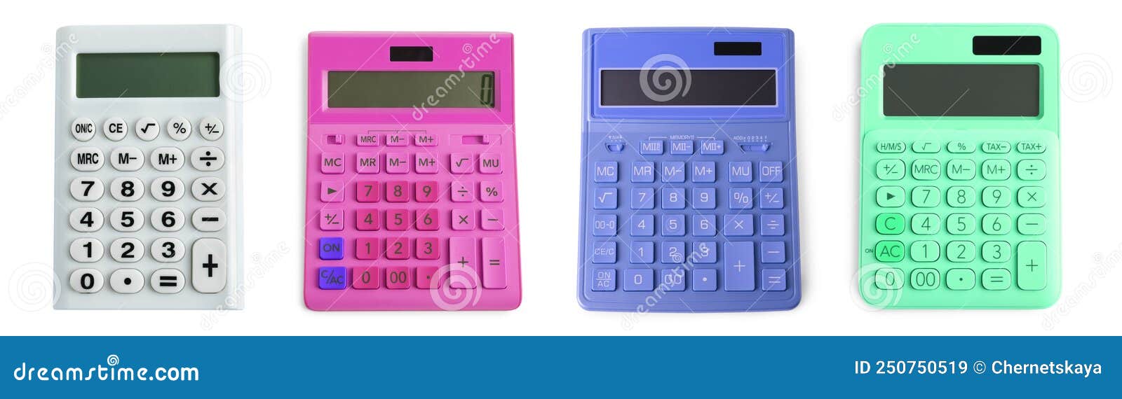 Set with Different Calculators on White Background, Top View. Banner ...