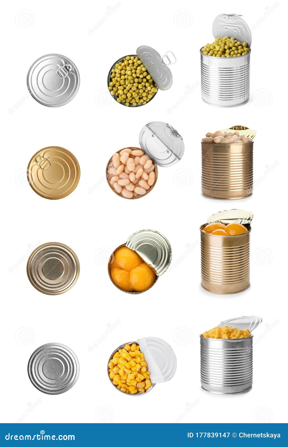 Set of Different Canned Food on Background Stock Image - Image of fruit ...