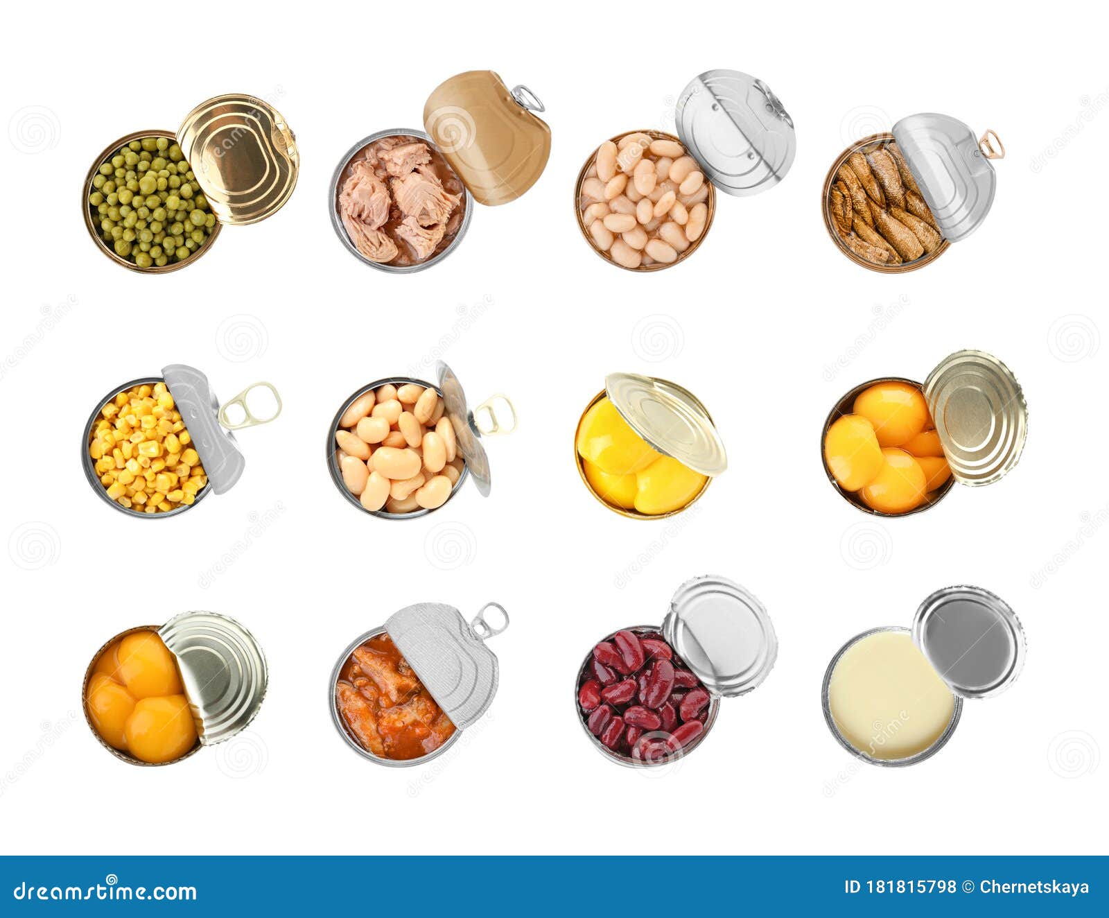 Set of Different Canned Food on Background, Top View Stock Photo ...