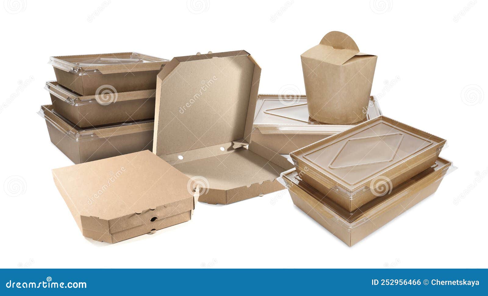 Set with Different Cardboard Boxes and Containers for Food on White ...