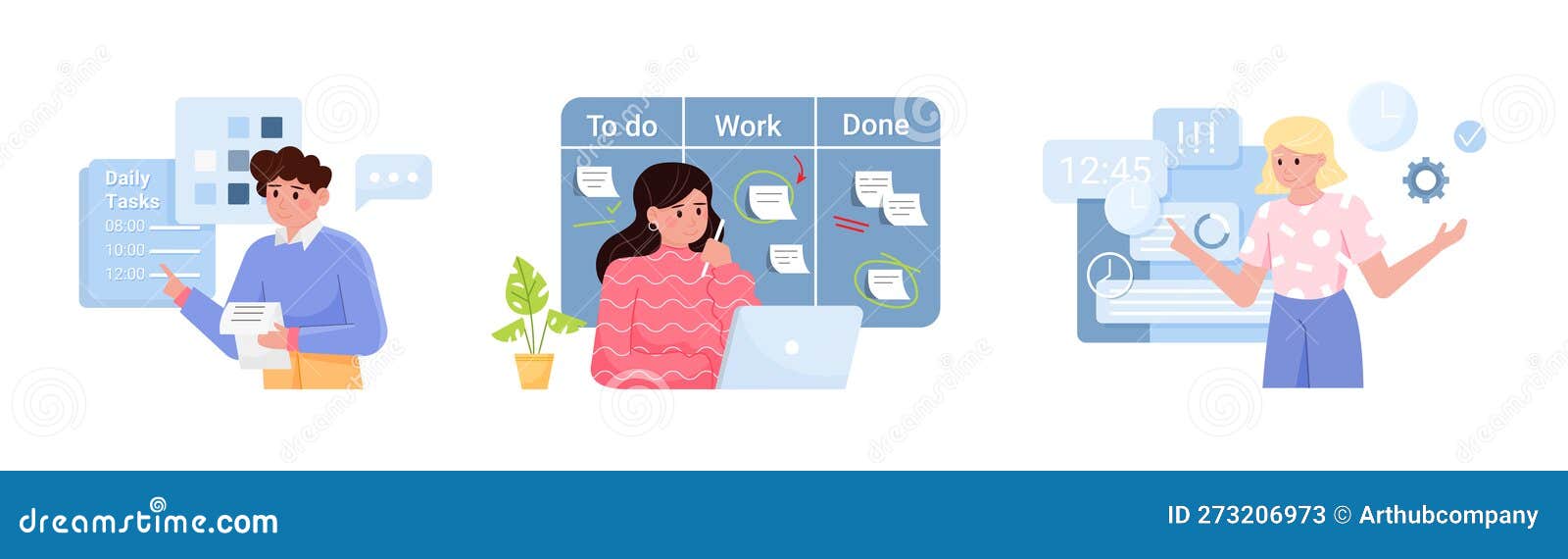 Set of Different Cartoon Characters Improving Time Management ...