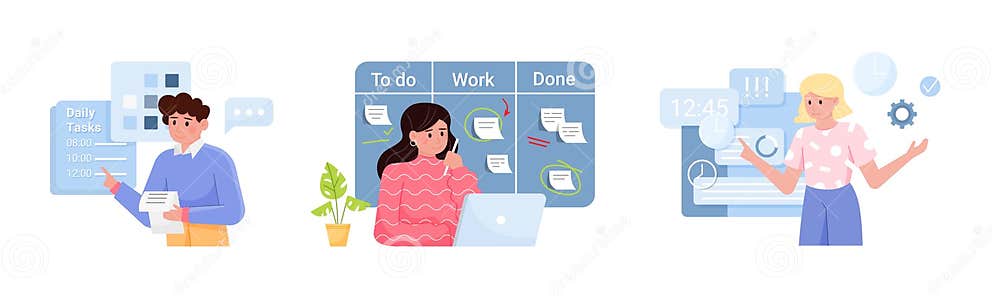 Set of Different Cartoon Characters Improving Time Management ...