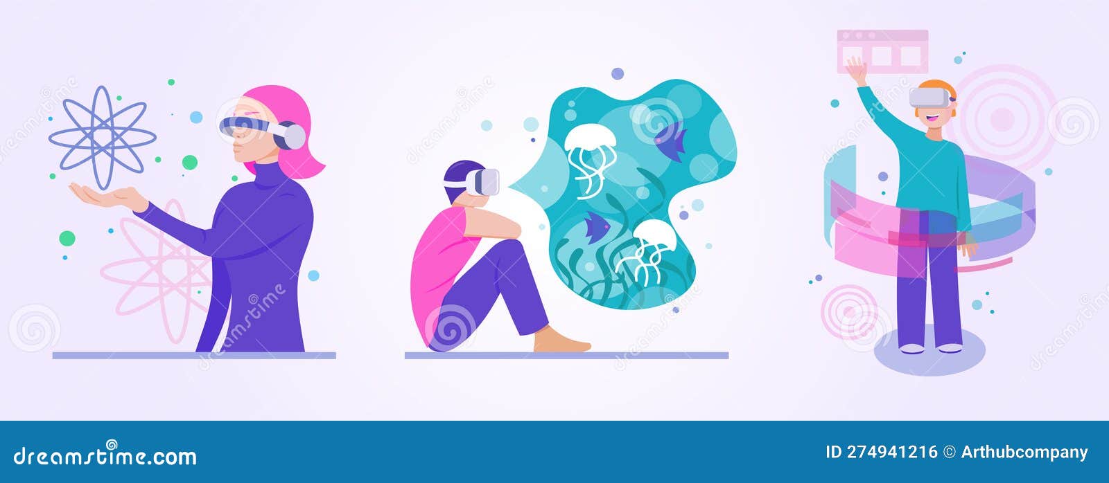 Set of Different Cartoon Characters of Young People Using VR ...