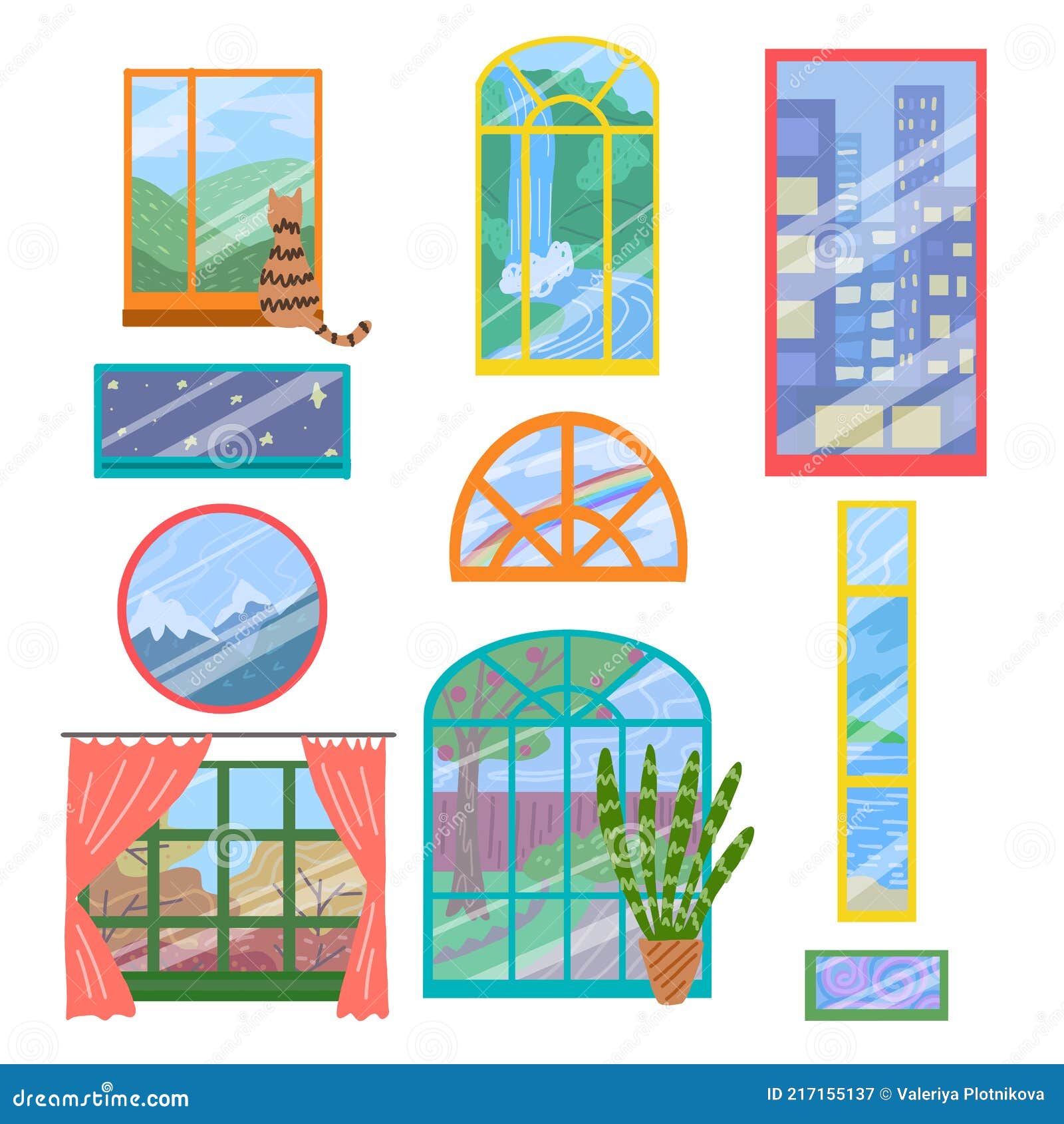 Set of Different Cartoon Windows with Curtains, a Cat, Plants and a ...