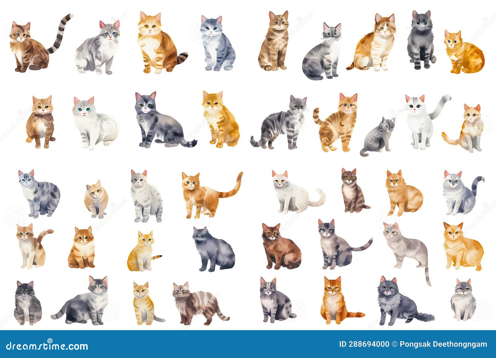 Set of Different Cat Breeds. Funny Cartoon Character Isolated on White ...