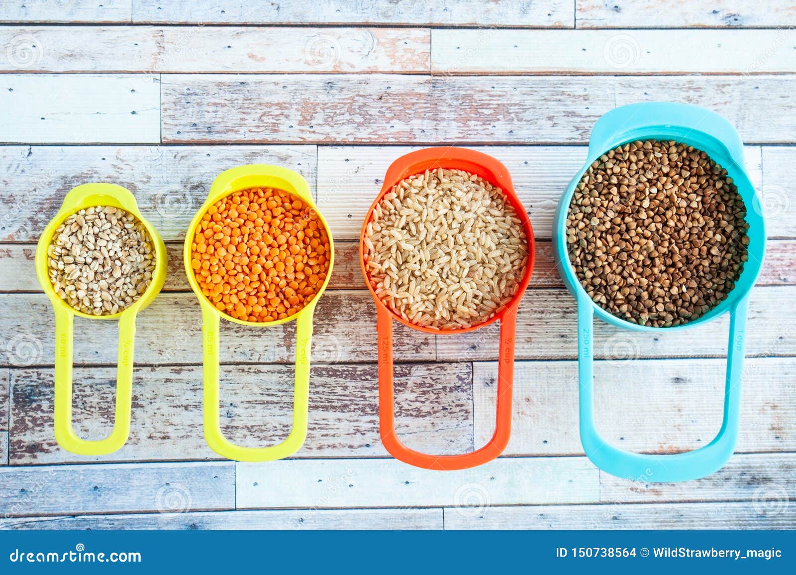 Set of Different Cereals in Multi-colored Containers, Oatmeal Buckwheat ...