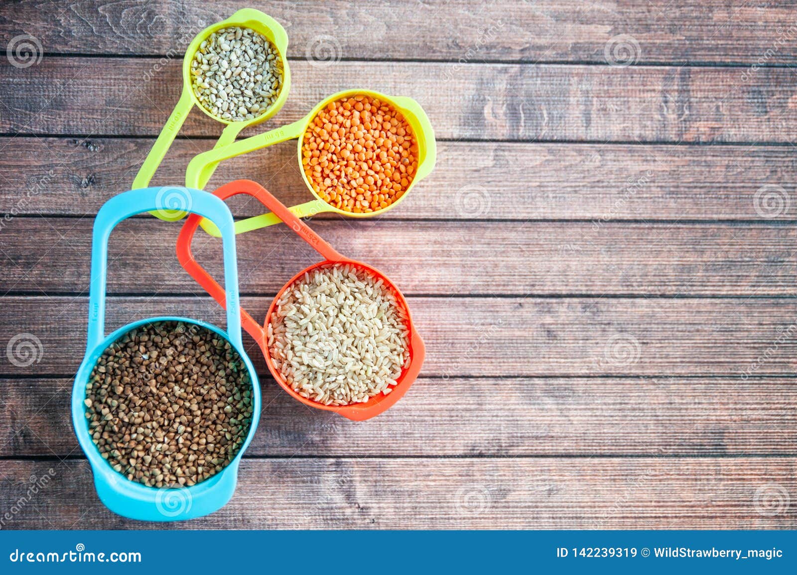 Set of Different Cereals in Multi-colored Containers, Oatmeal Buckwheat ...