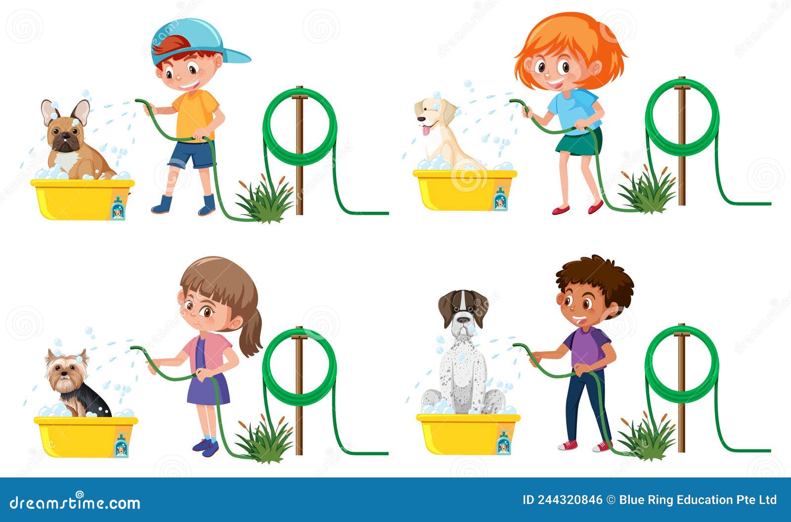 Set of Different Children Washing Her Dog Stock Vector - Illustration ...