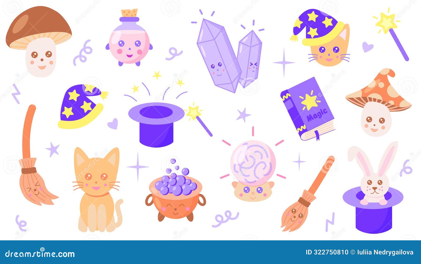 Set of Different Childrens Magic Elements, Vector in Kawaii and Cartoon ...