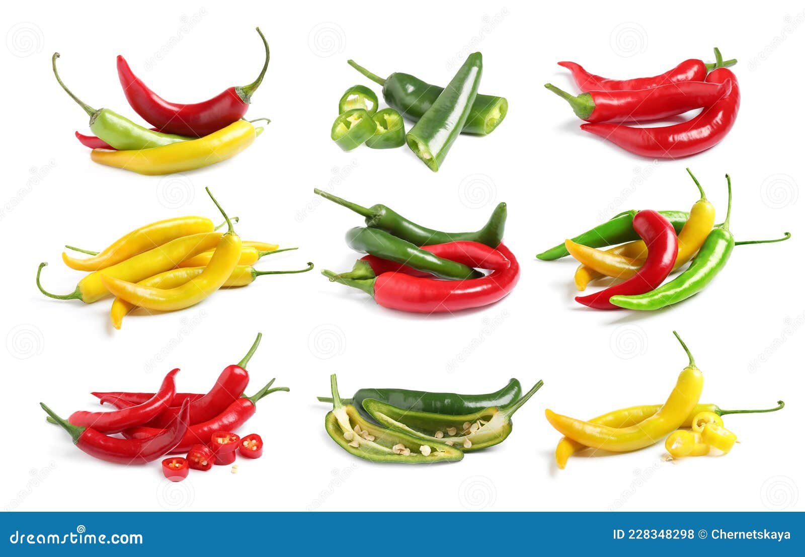 Set with Different Chili Peppers on White Background Stock Photo ...