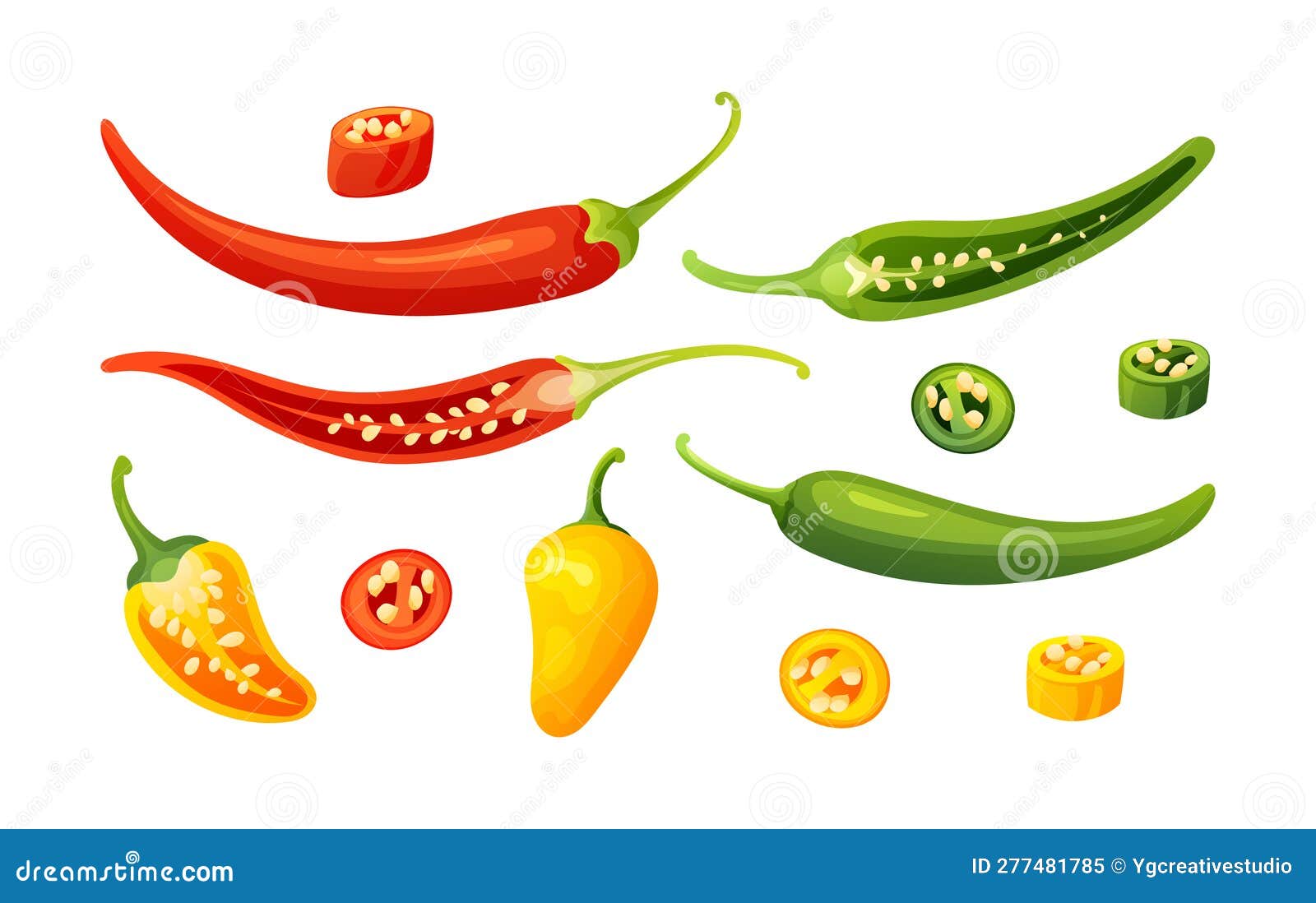 Set of Different Chilies Whole, Half and Cut Slices Illustration Stock ...