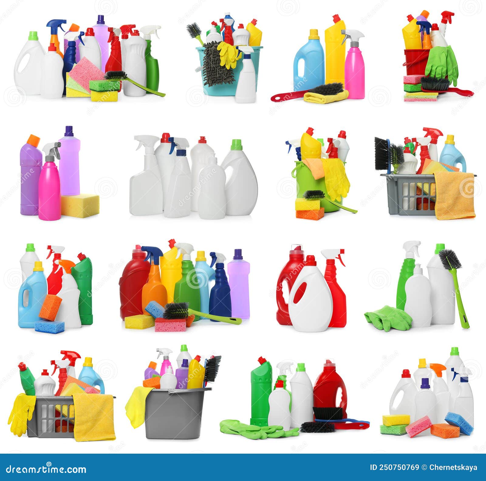 Set with Different Cleaning Products and Tools on White Background ...