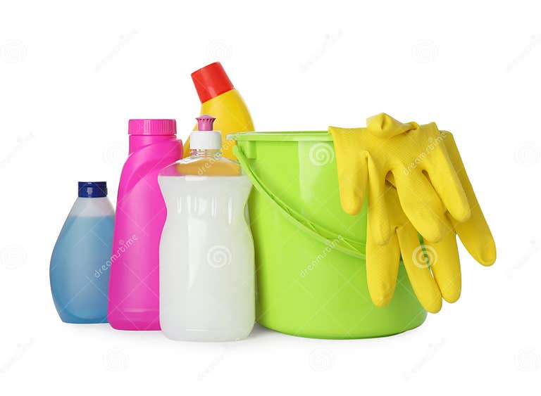 Set of Different Cleaning Supplies and Tools on White Background Stock ...