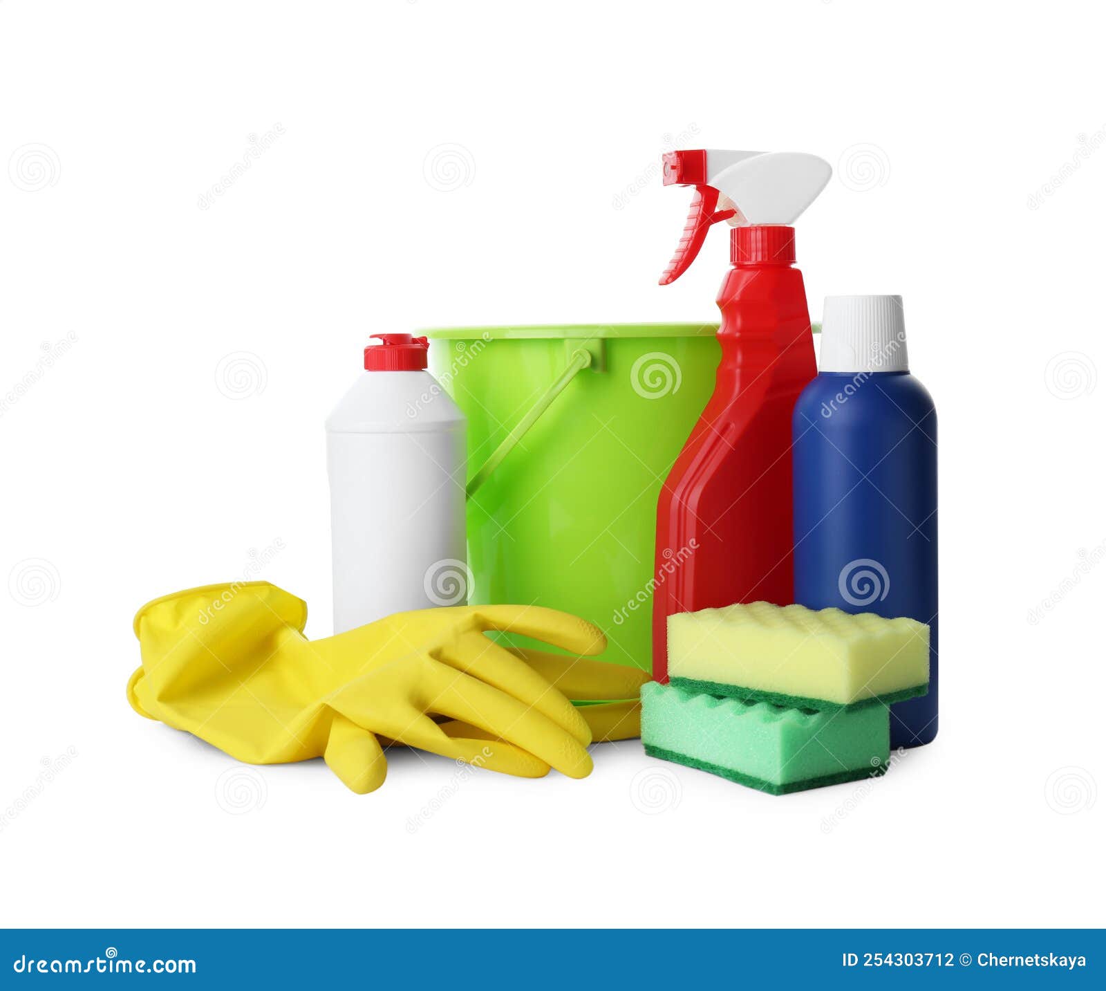Set of Different Cleaning Supplies on White Background Stock Photo ...