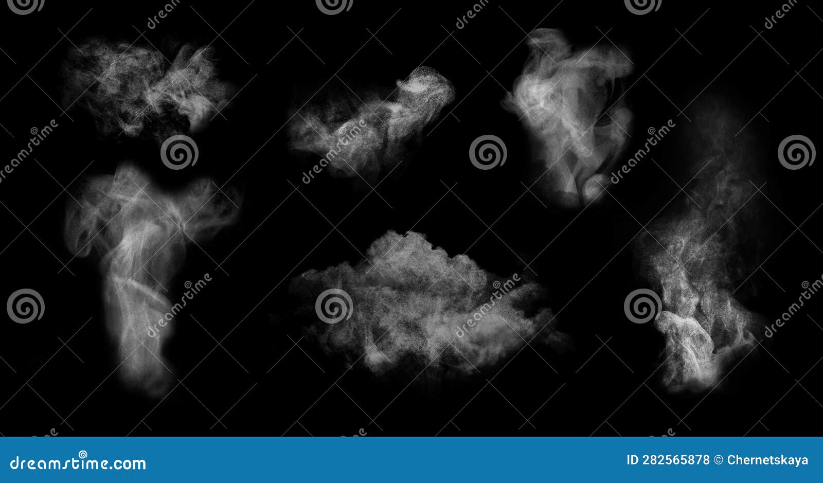 Set with Different Clouds of White Smoke on Black Stock Photo - Image ...