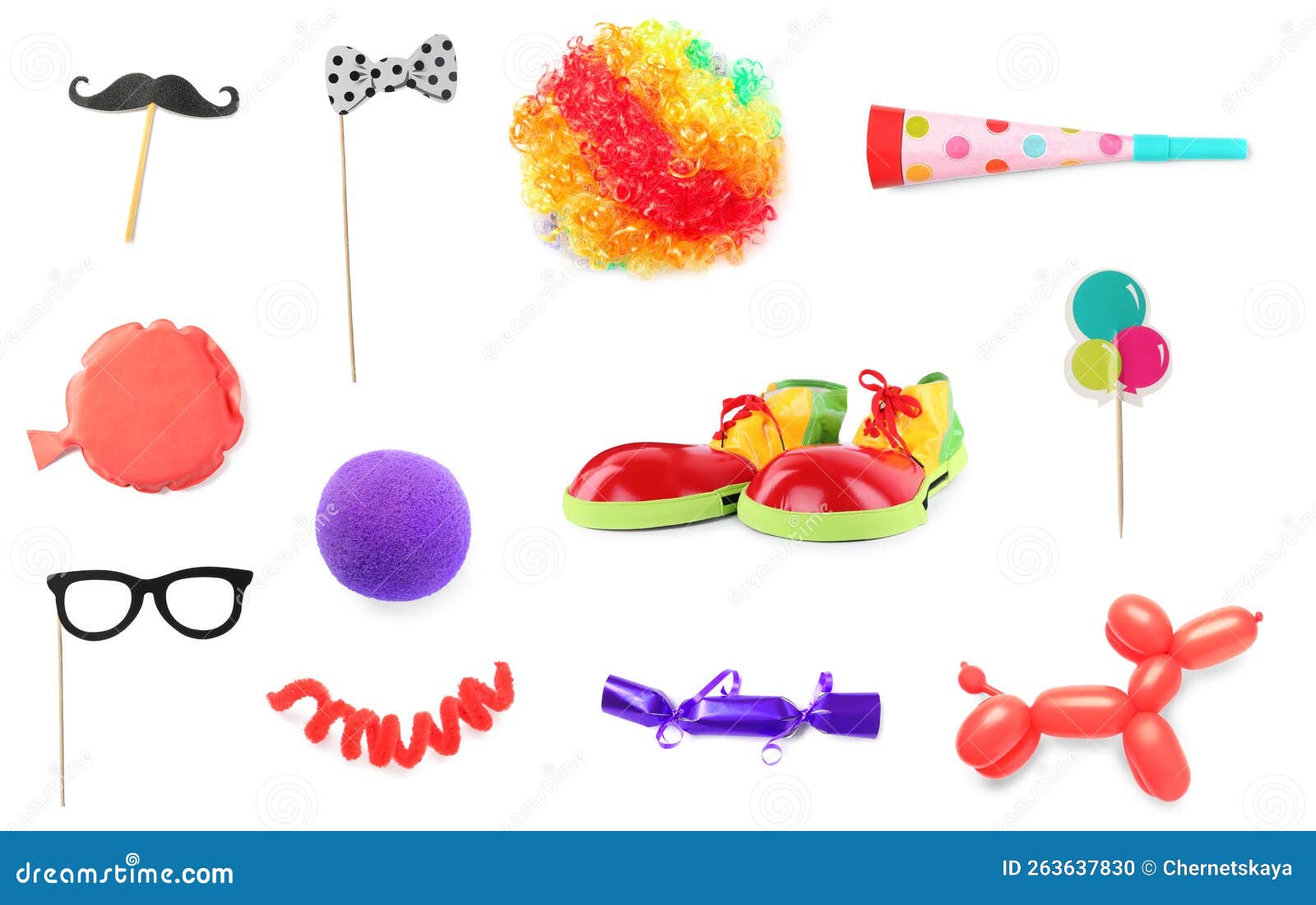 Set with Different Clown`s Accessories on White Background Stock Photo ...