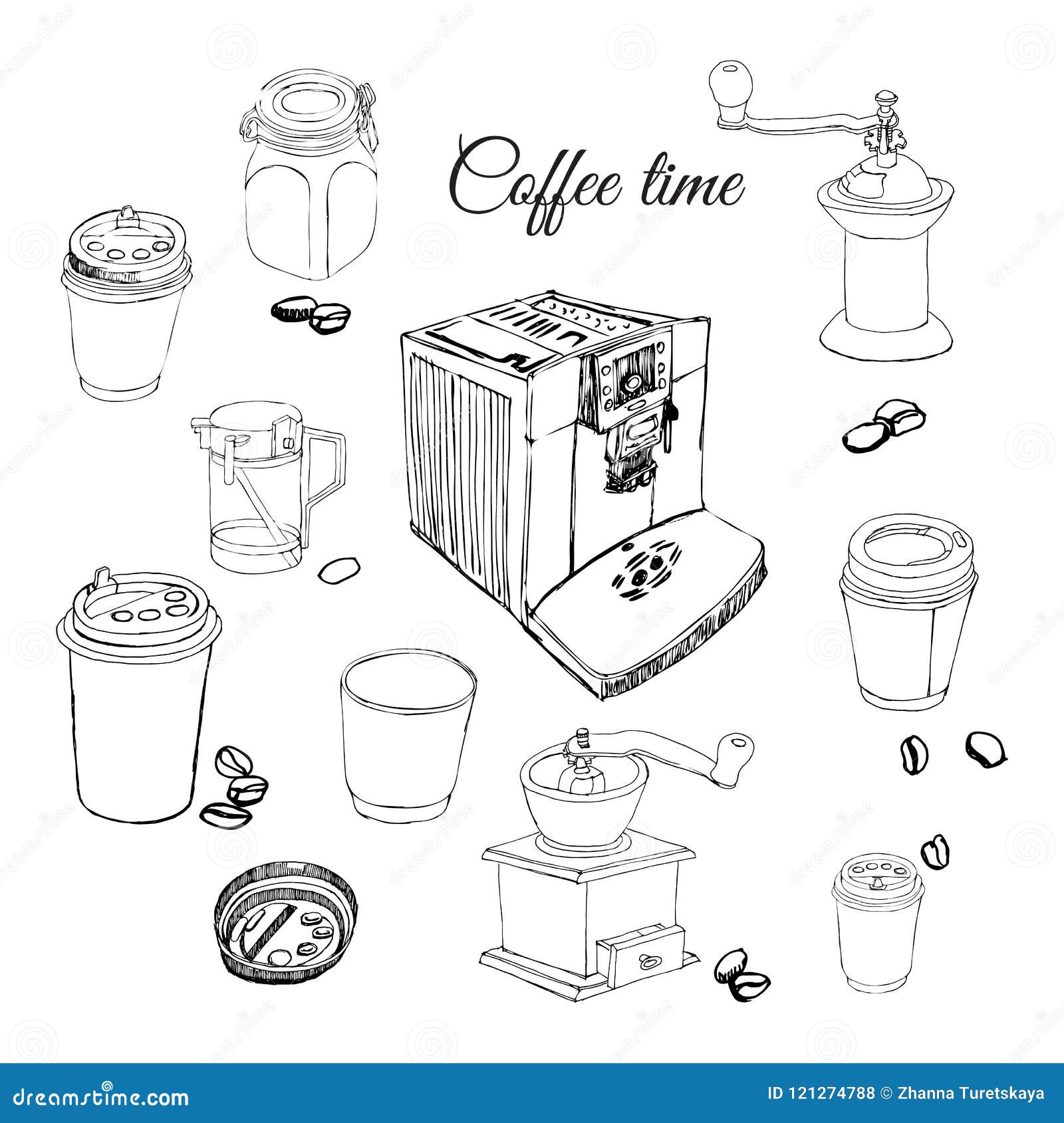 Set with Different Coffee Objects: Cups, Coffee Grinders, Coffee Makers ...