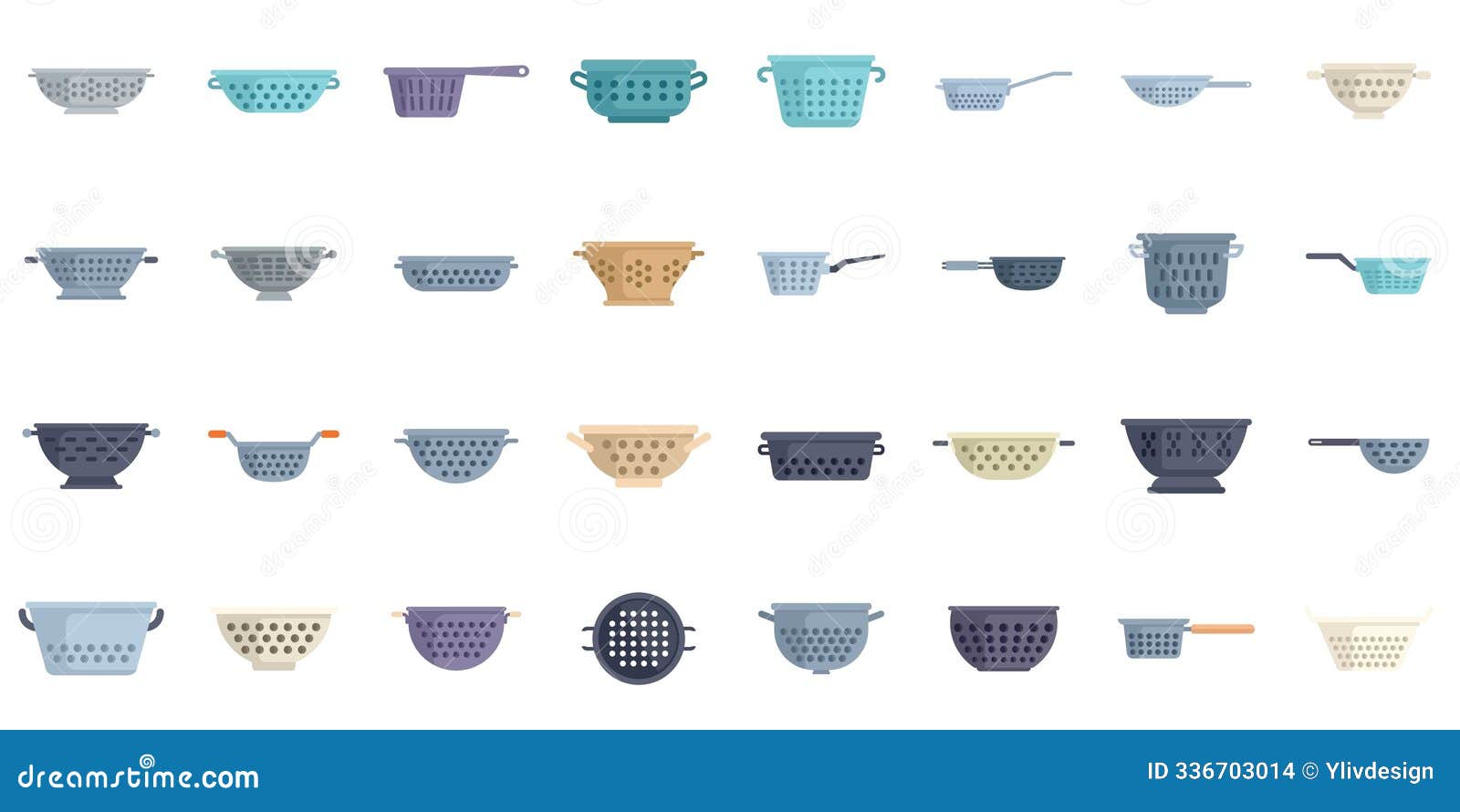 Set of Different Colanders for Cooking, Kitchen Strainer Icons in Flat Style Stock Illustration ...