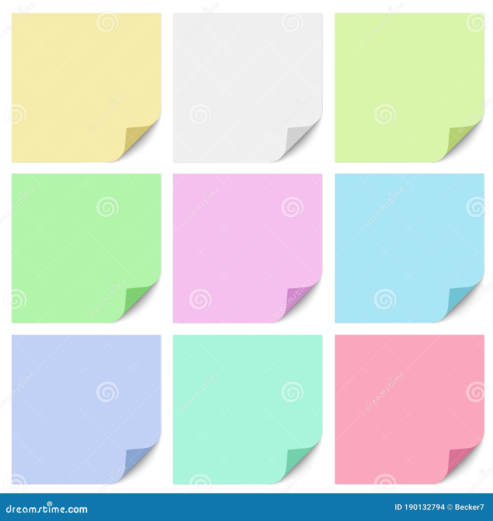 A Set of Different Color Square Sticky Notes with a Bent Right Bottom ...