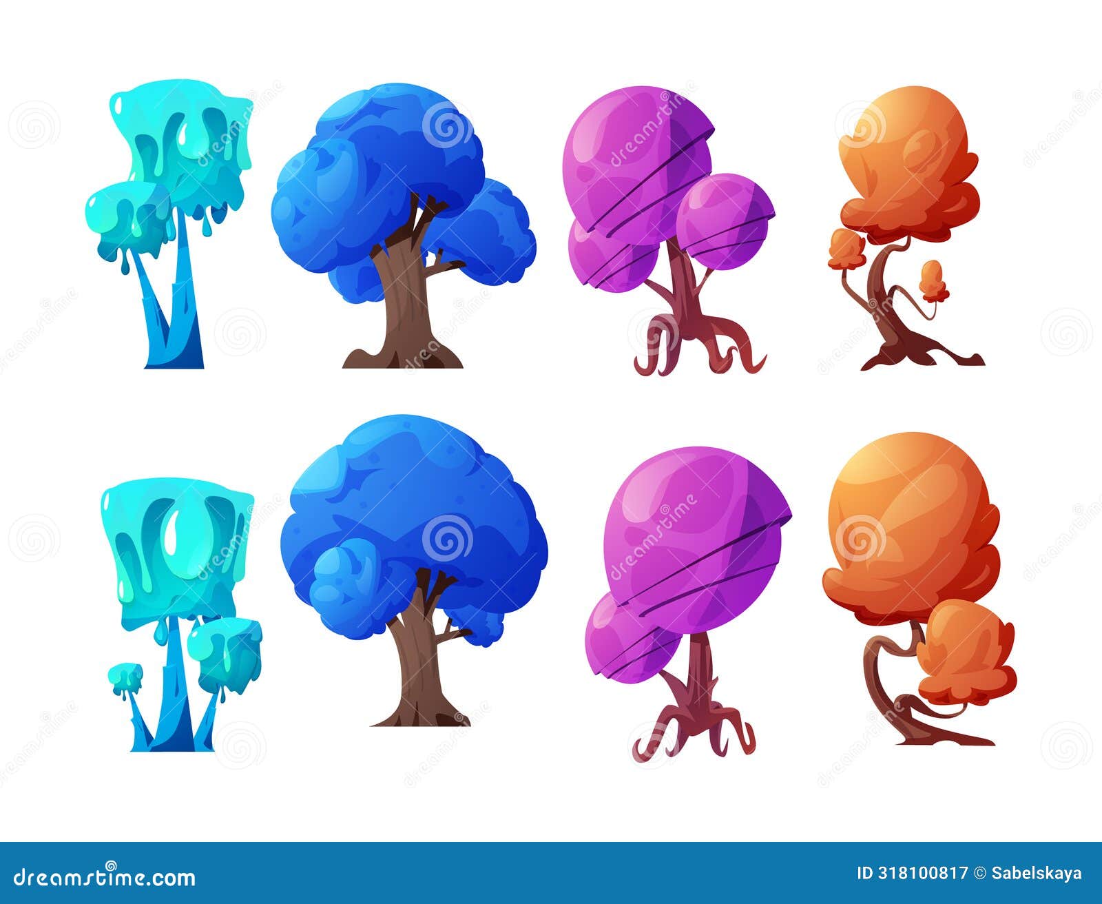 Set of Different Colorful Magic Trees Flat Style, Vector Illustration ...
