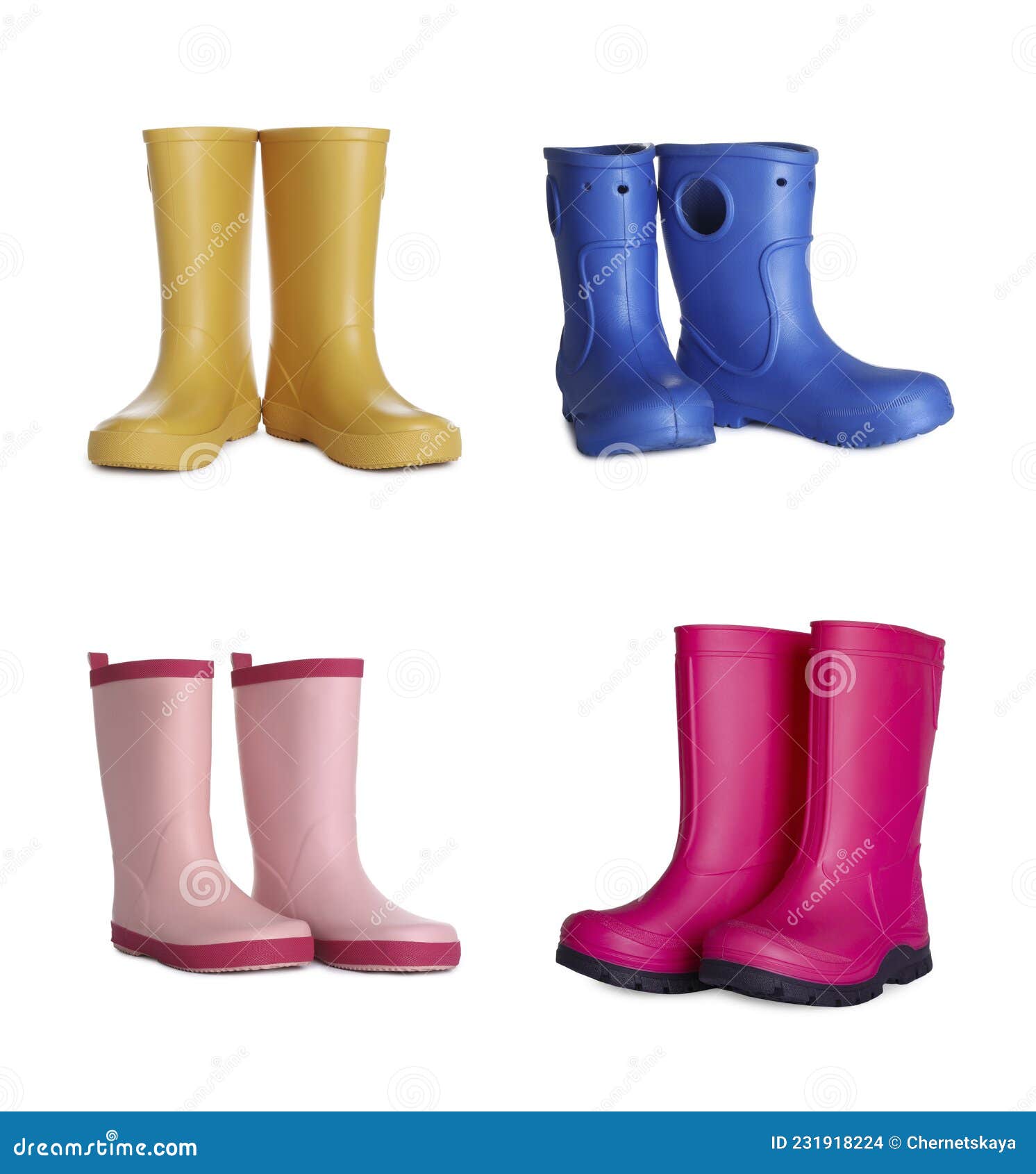 Set with Different Colorful Rubber Boots on White Background Stock ...