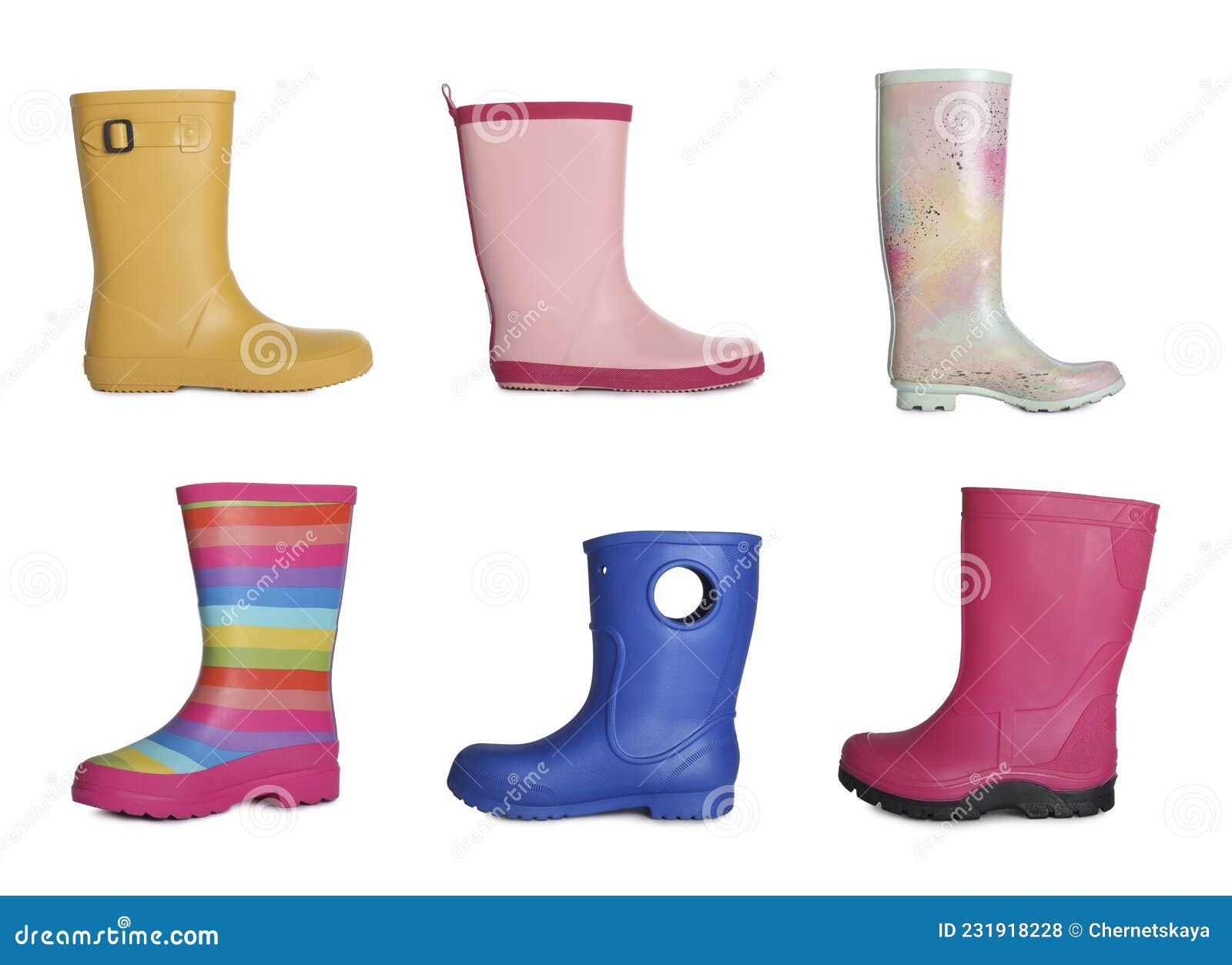 Set with Different Colorful Rubber Boots on White Background Stock ...