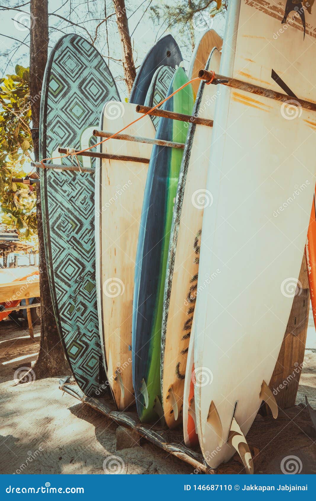 Set of Different Colorful Surf Boards in a Stack Stock Photo - Image of ...