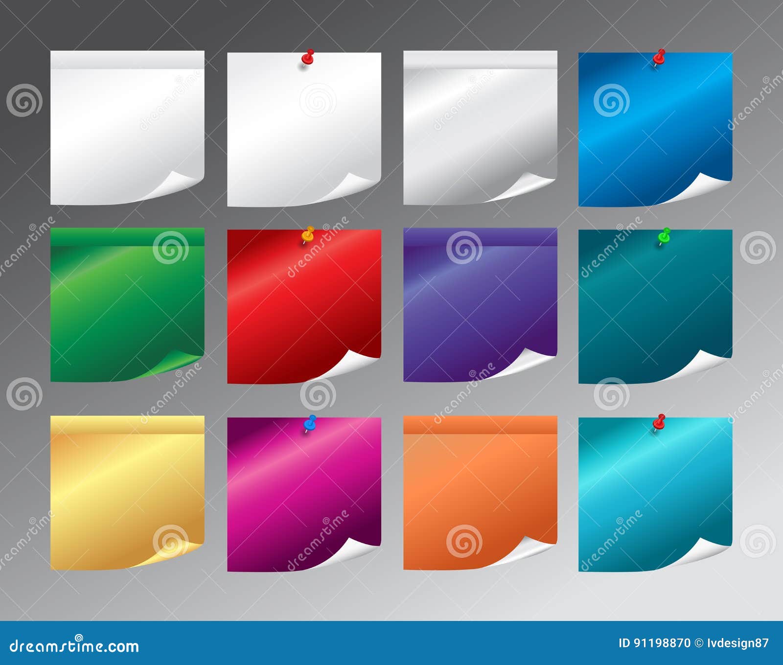 Set of Different Colourful Paper Sticky Note with Push Pins on Grey ...