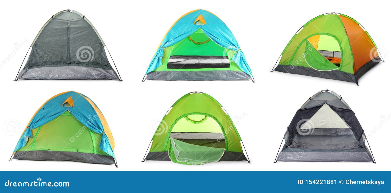 Set of Different Comfortable Camping Tents on White Stock Image - Image ...