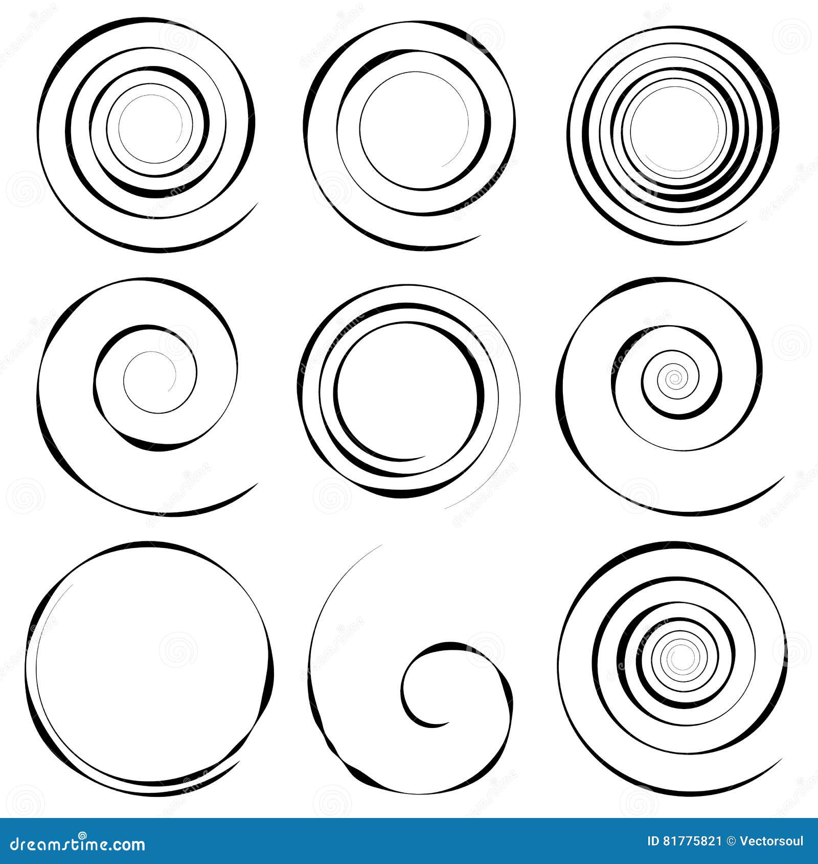 Set of 9 Different Concentric Spiral Elements. Abstract Geometri Stock ...