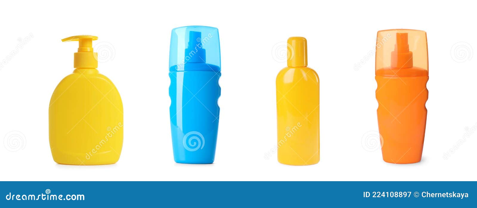 Set with Different Containers of Sunscreen Cream on White Background ...