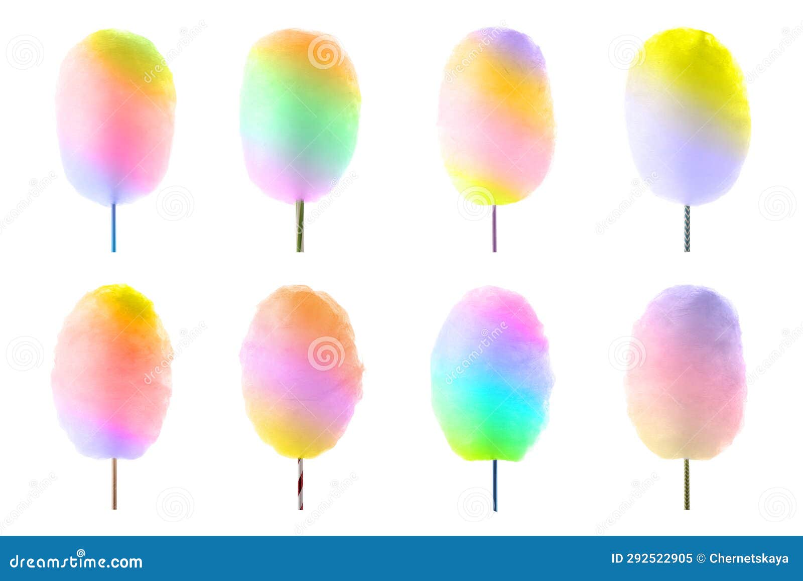 Set of Different Cotton Candy on Sticks Isolated on White Stock Image ...