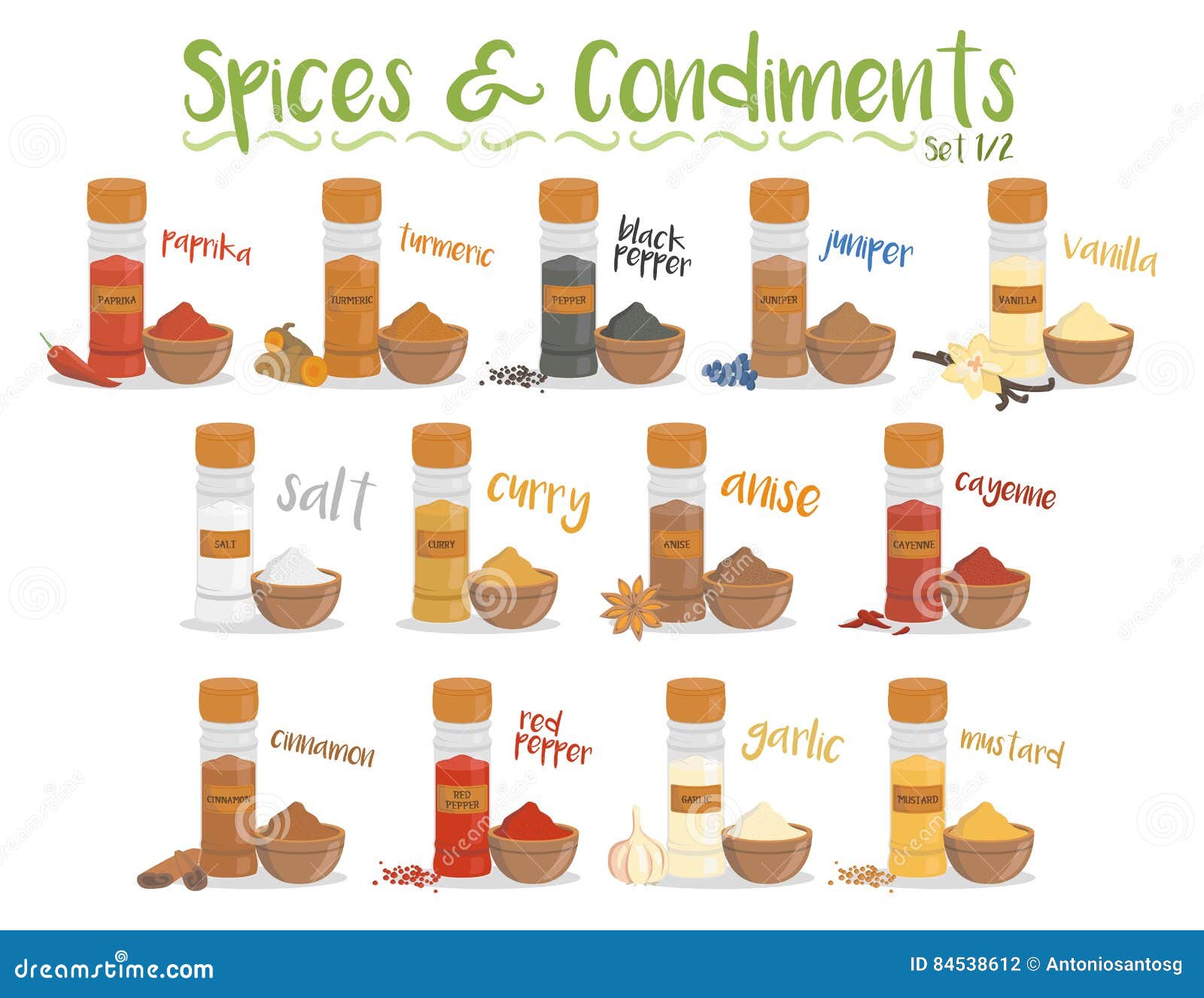 Set of 13 Different Culinary Species and Condiments in Cartoon Style ...
